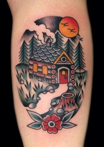 winter american traditional cabin tattoo | EntertainmentMesh